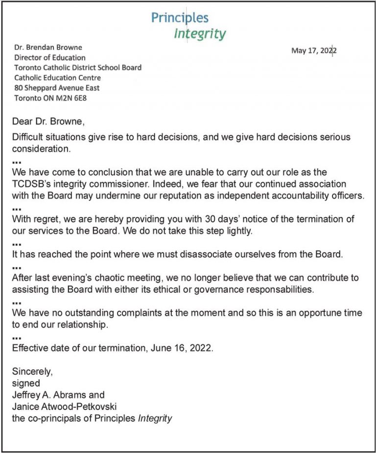 La lettera di Principles Integrity al TCDSB Principles Integrity’s ...